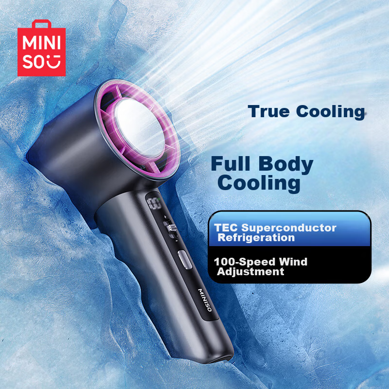 MINISO Cooling Fan, Handheld Mini Fan, Portable Air Conditioner, Rechargeable USB Semiconductor Fan, High-Power Electric Fan, for Outdoor, Office, Student Use, Long Battery Life, Purple