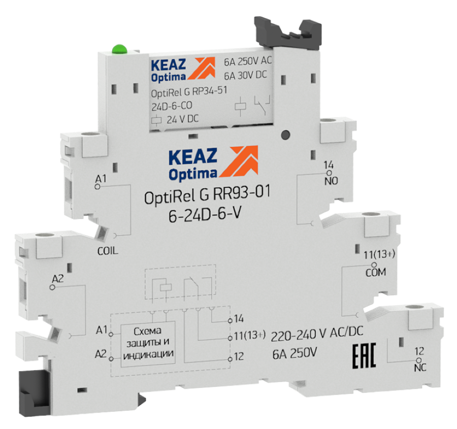 Релейный модуль КЭАЗ OptiRel G RM38-51-220-240U-6-V-CO с 1 переключающим контактом, 6А IP20 / электрика