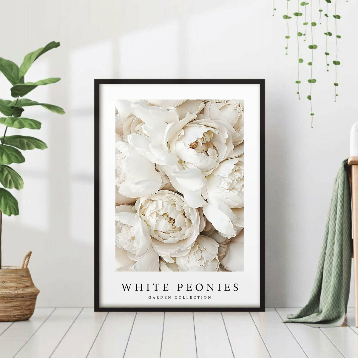 Постер "Пионы белые" 40x50 в черной рамке на стену для интерьера