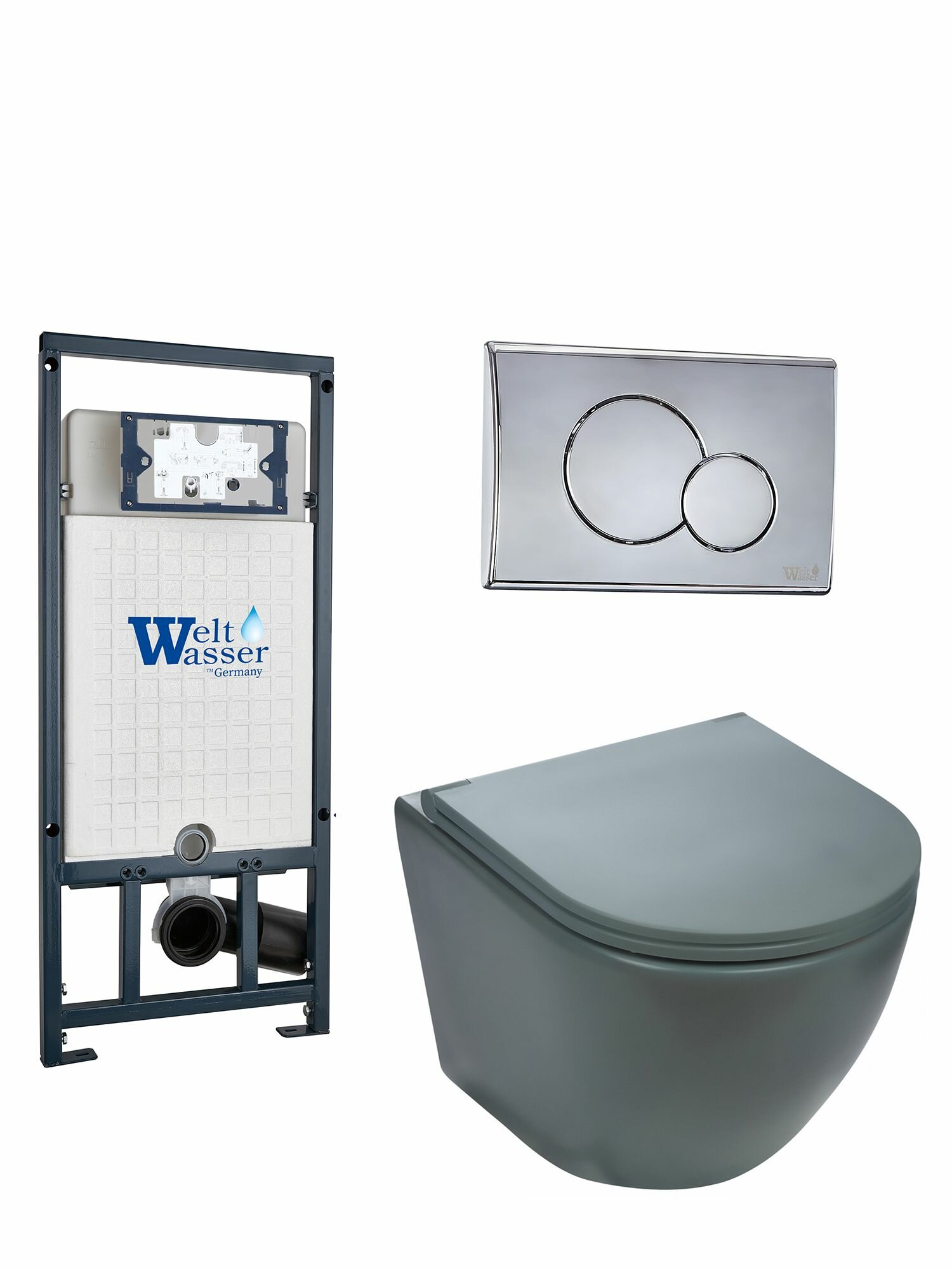 Комплект 6 в 1 WeltWasser: подвесной унитаз MERZBACH 043 MT-GR серый+кнопка смыва MAR 507 RD-CR хром+инсталляция MARBERG 507