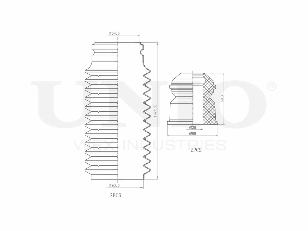 Комплект пыльник и отбойник (по 2 шт.), для Форд Мондео III 00-, Транзит Connect 02-, Турнео Коннект Ford Mondeo Transit Tourneo 02-, артикул DUC-50029, производителя UNIO