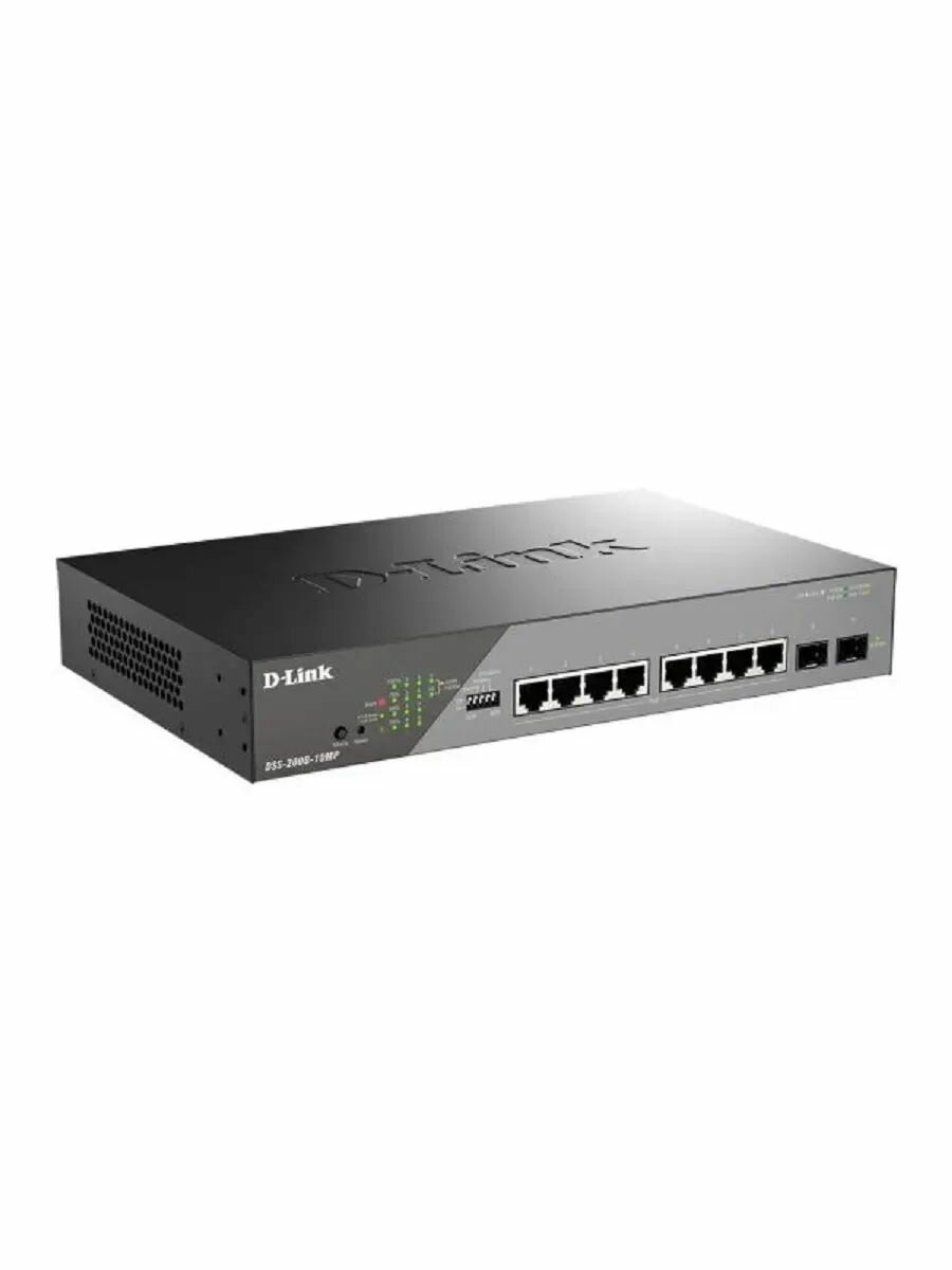 Настраиваемый L2 коммутатор D-Link DSS-200G-10MP с 8 гигабитными портами + 2 SFP и DIP-переключатель