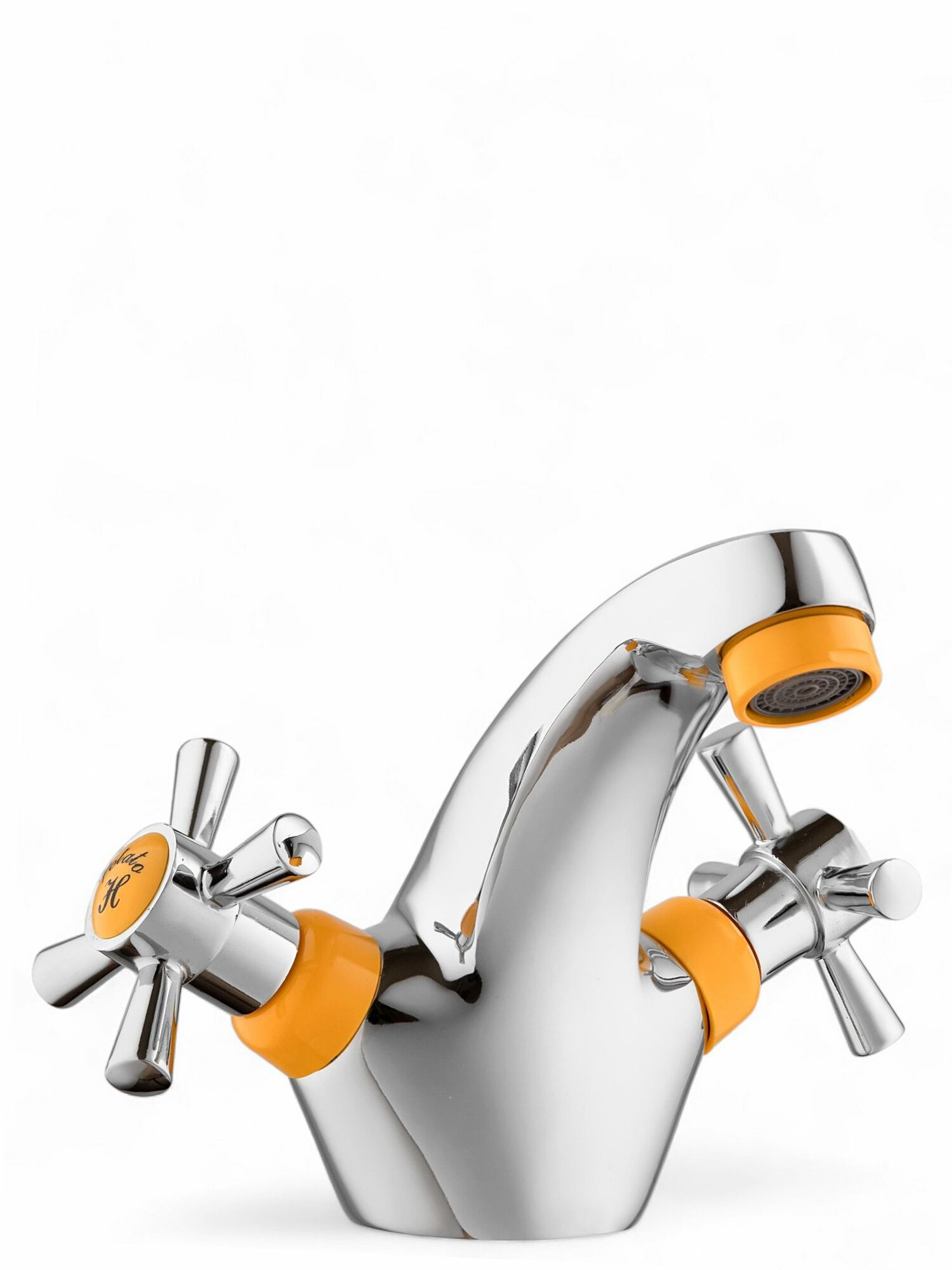 Смеситель для раковины с коротким монолитным изливом и вентильными ручками с оранжевыми вставками, хром