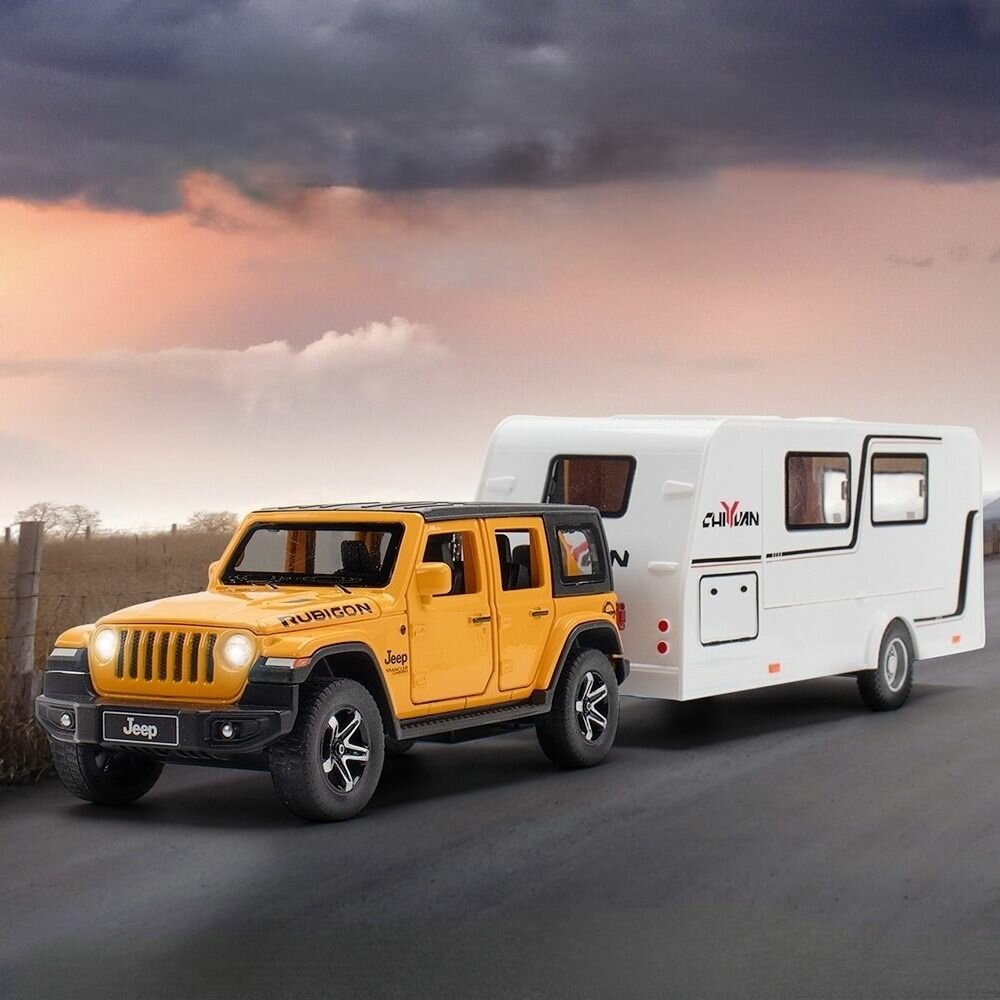 Машинка металлическая Jeep Rubicon 1:32 с прицепом, Коллекционная модель машины для взрослых, Игрушечный автомобиль с звуковыми и световыми эффектами для детей-3