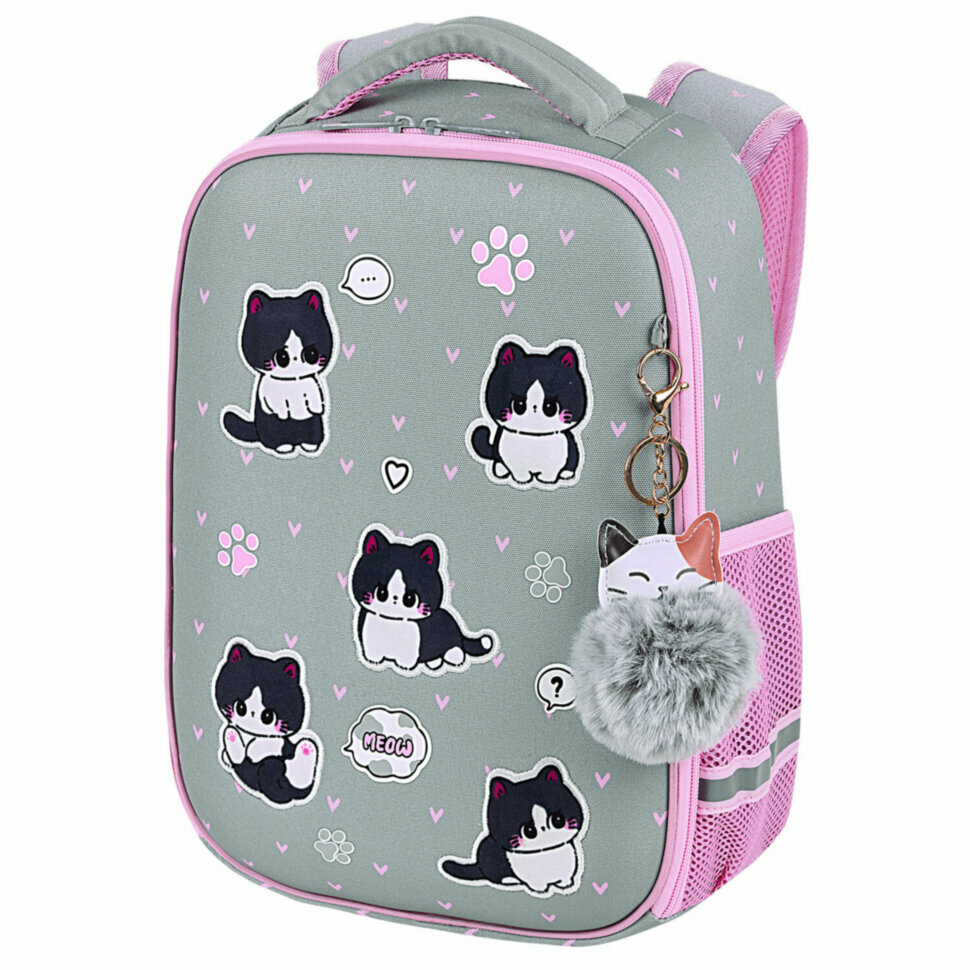 Ранец BRAUBERG LIGHT, 1 отделение, с брелоком, "Cat patches", плюшевые нашивки, 36х26х13 см, 272030, 272030