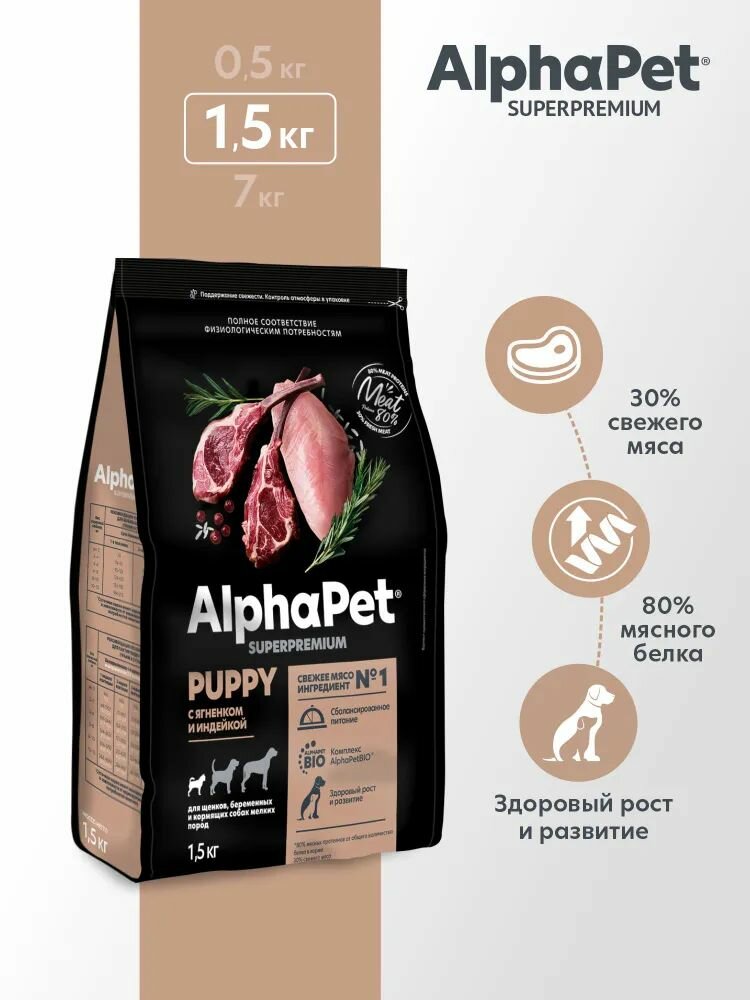 Корм AlphaPet Superpremium Puppy для щенков, беременных и кормящих собак малых пород, c ягненком и индейкой, 1.5 кг
