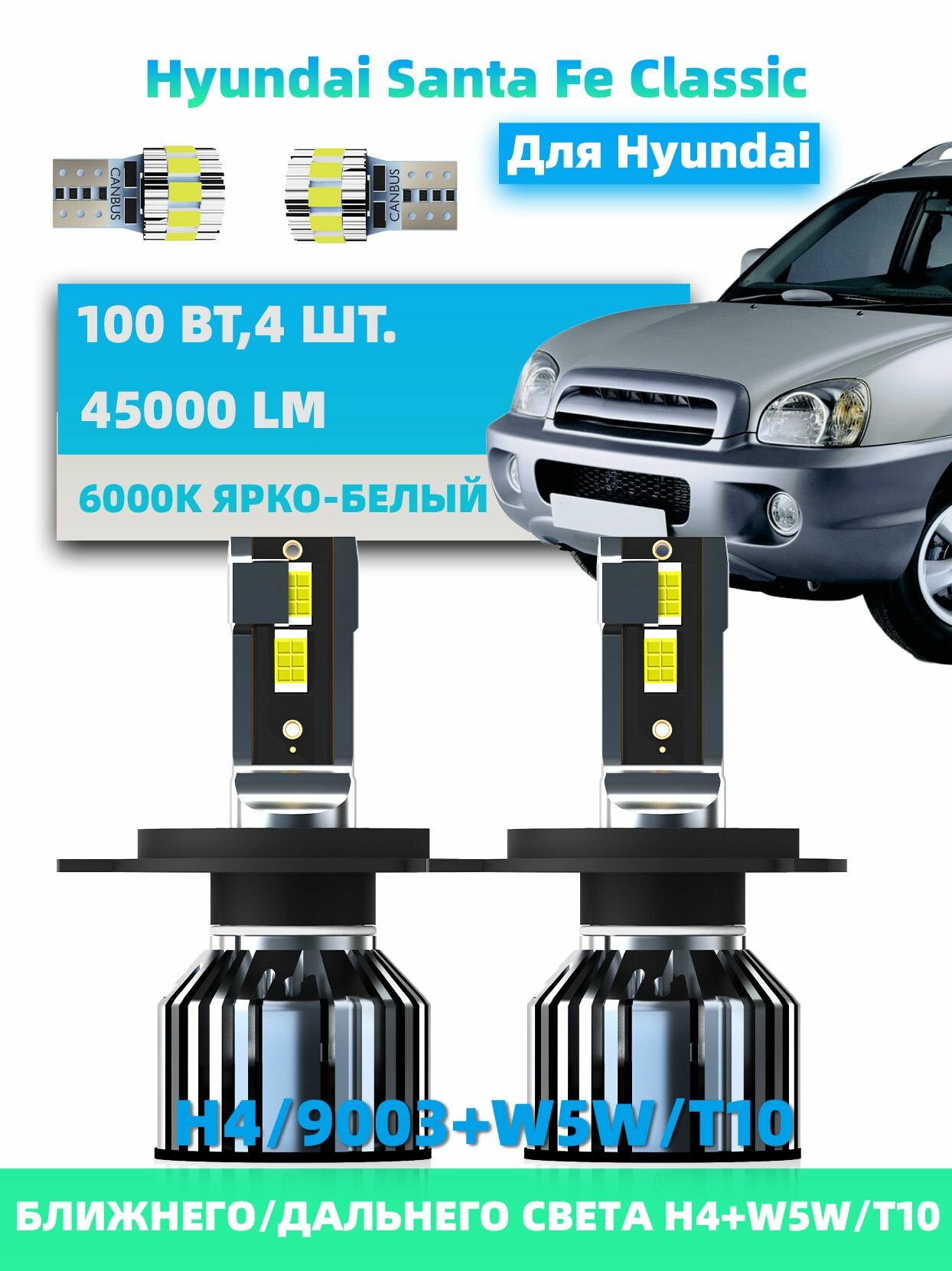 Для Hyundai Santa Fe Classic ближнего/дальнего света H4+W5W, Светодиодные лампы H4, диодные лампы H4 LED