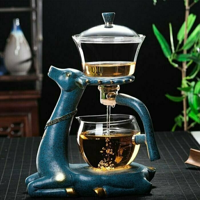 Чайник заварочный стеклянный с клапаном / Набор посуды для чаепития / Набор для чайной церемонии, Олень, синий