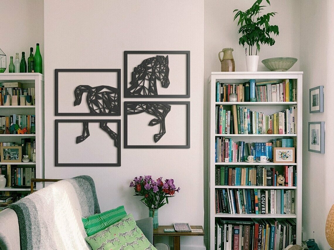 Панно/декор из дерева на стену Геометрическая лошадь (комплект из 4 панно)