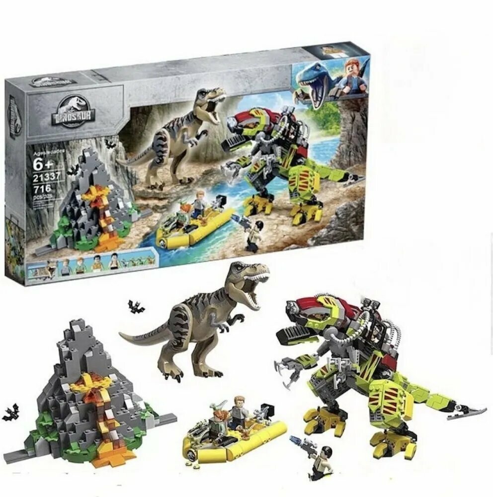 Конструктор Мир Юрского периода 21337 "Бой тиранозавра и робота-динозавра" 716 деталей (Динозавры/Подарок для мальчика и девочки/Совместимый с Лего)