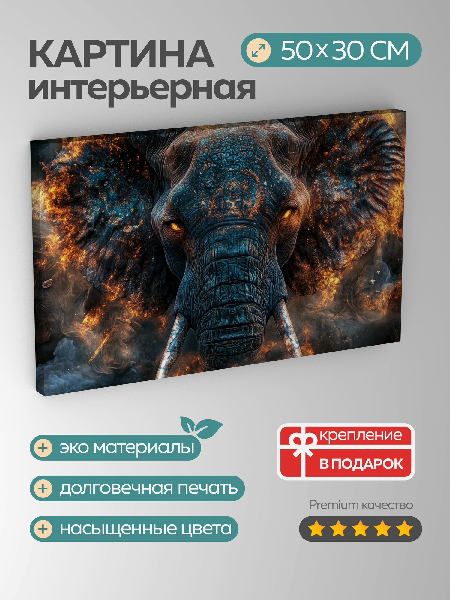 Картина на холсте интерьерная 50х30 см, Слон, глаза, мудрость, сострадание, детали, цветовая палитра, выражение