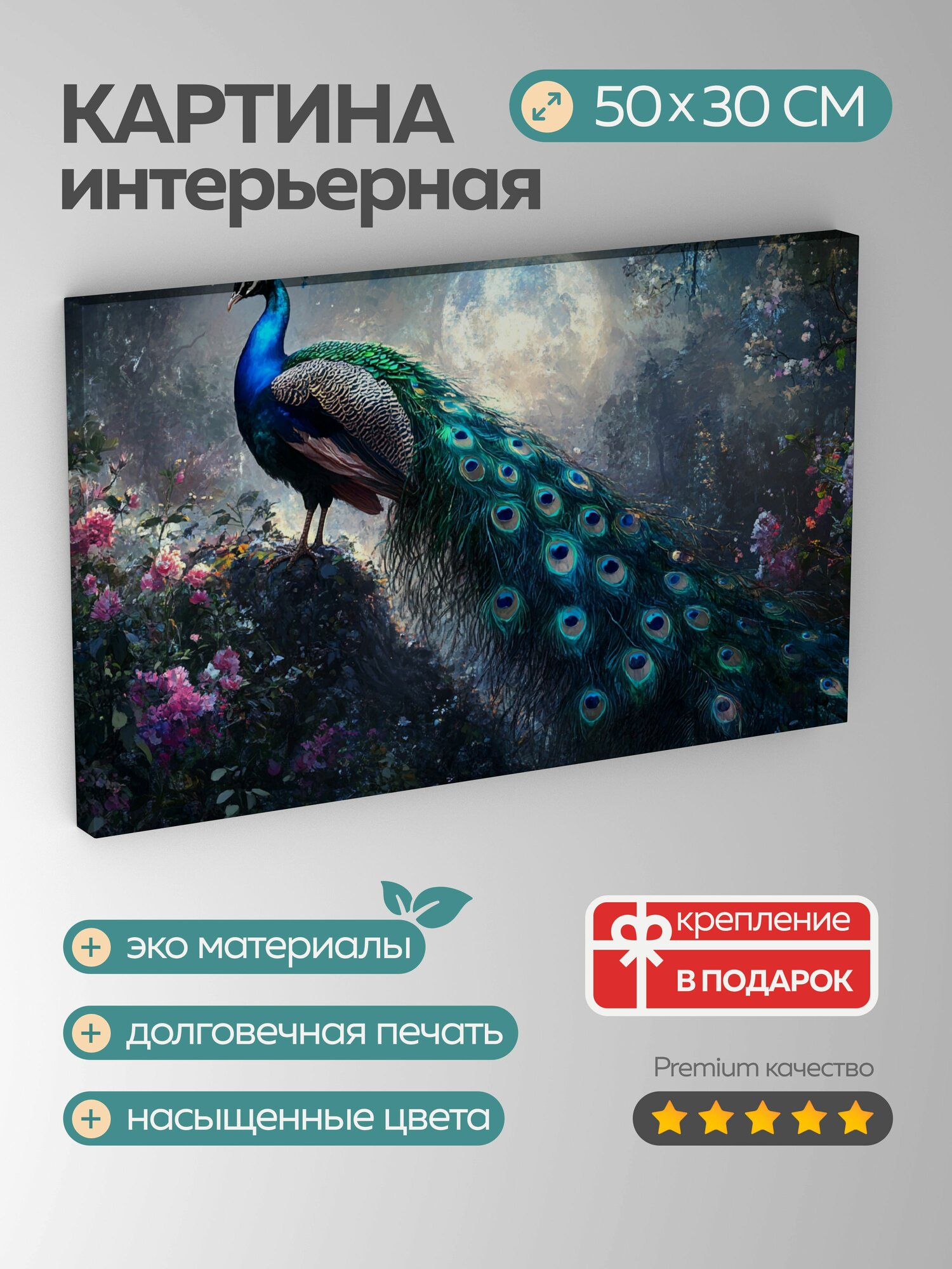 Картина на холсте интерьерная 50х30 см, Павлин, оперение, лунный свет, сад, воздушная картина, величественный, страсть