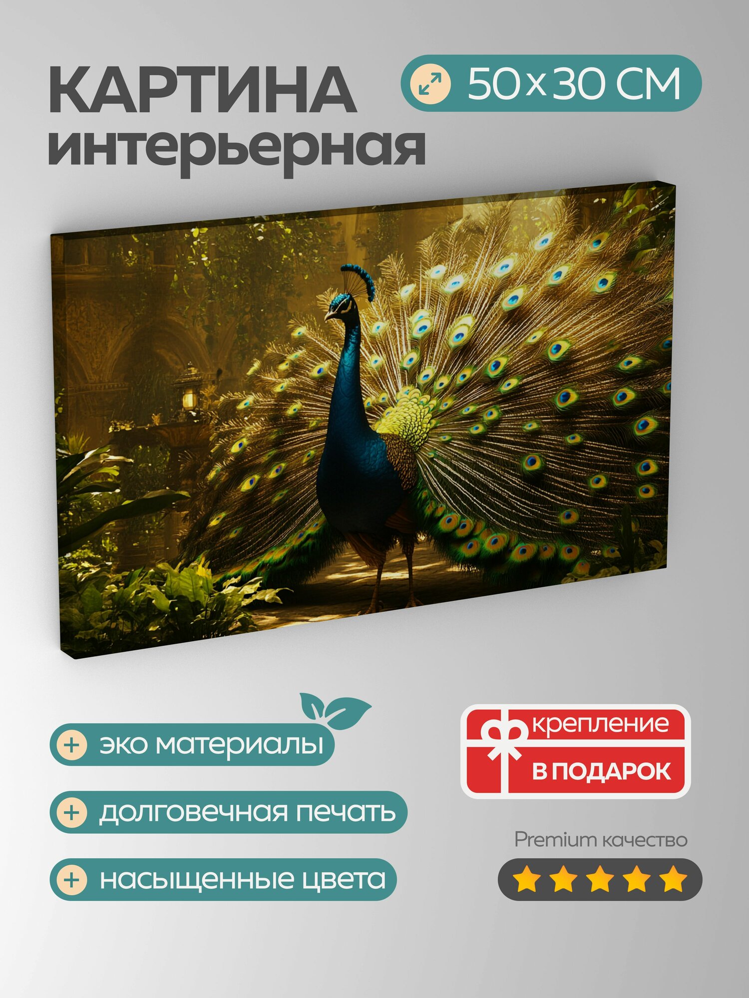 Картина на холсте интерьерная 50х30 см, павлин, оперение, экзотический сад, роскошь, элегантность