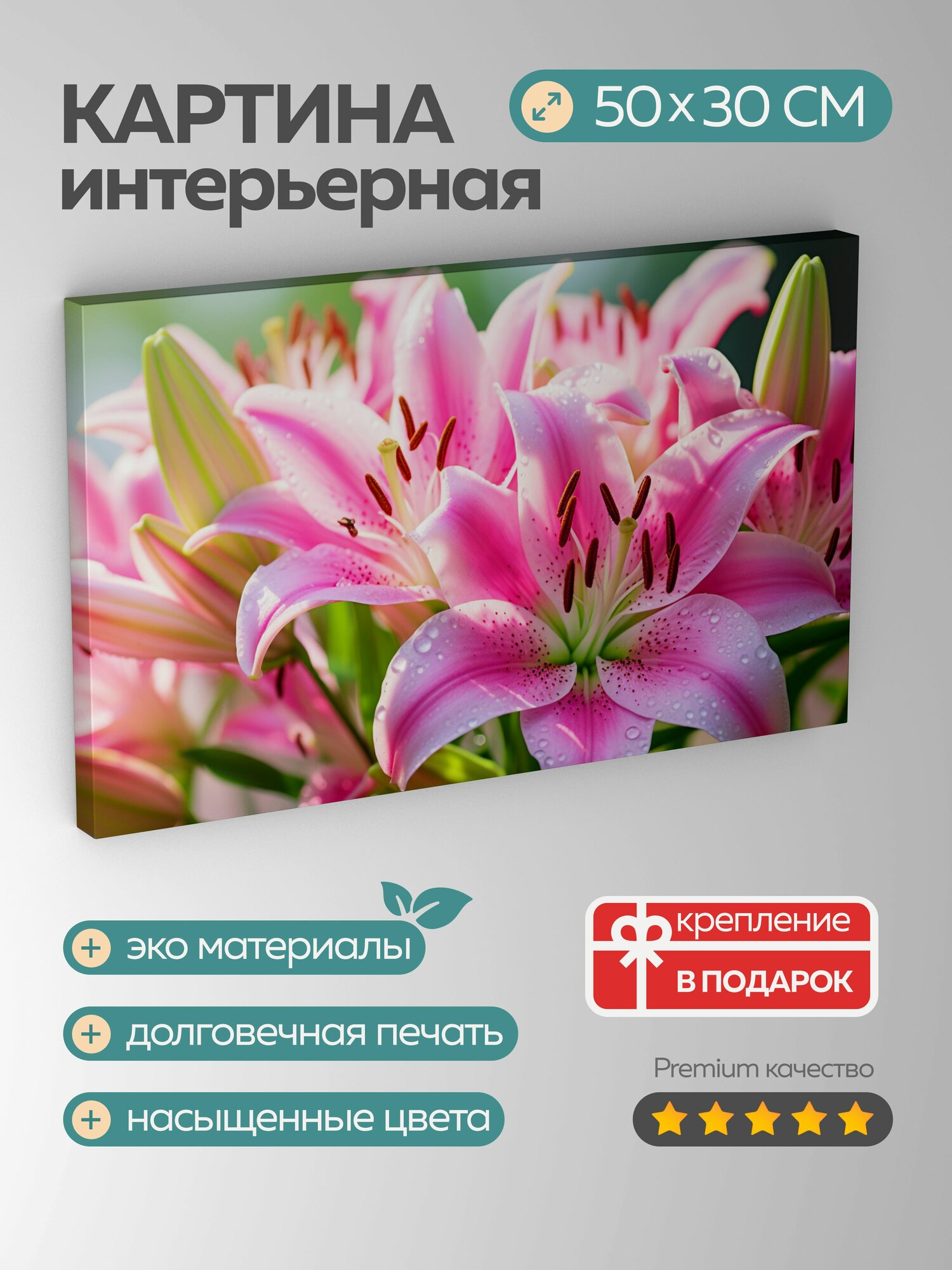 Картина на холсте интерьерная 50х30 см, розовые лилии, крупный план, цветочные натюрморты, Моне, естественное освещение