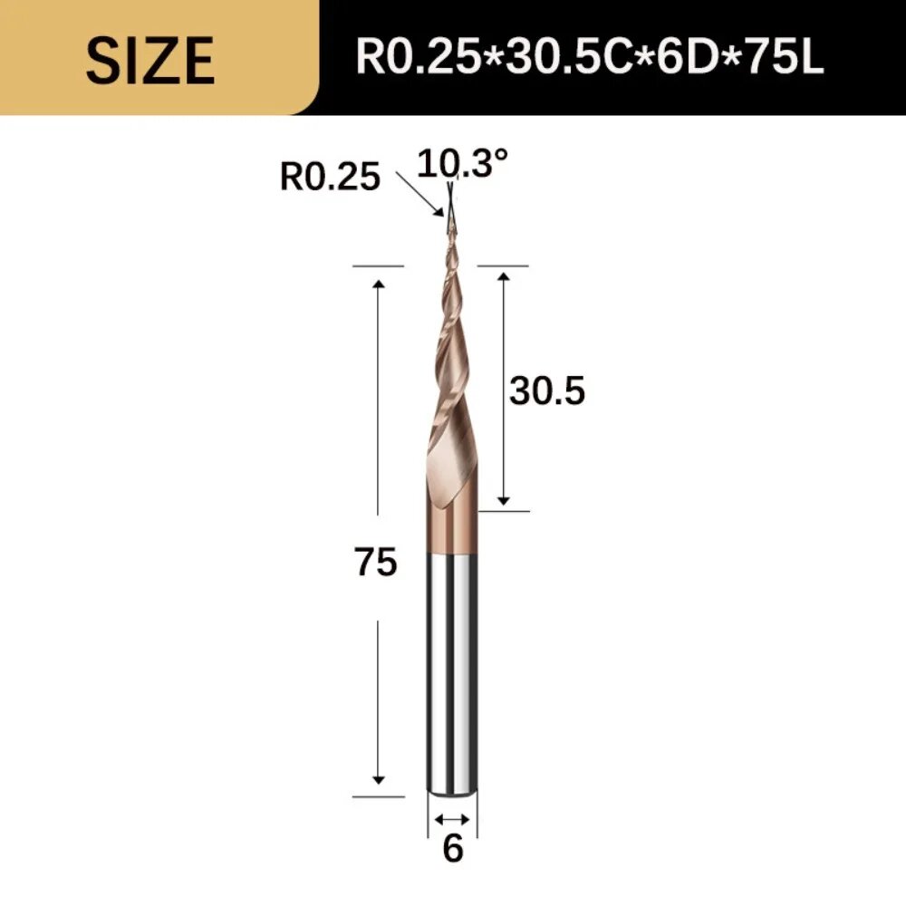 Фрезерный станок по дереву, твердый карбид, коническая сферическая концевая фреза, конический шариковый нос, спираль, резьба с ЧПУ, гравировальные фрезы R0.25x30.5Cx6Dx75L
