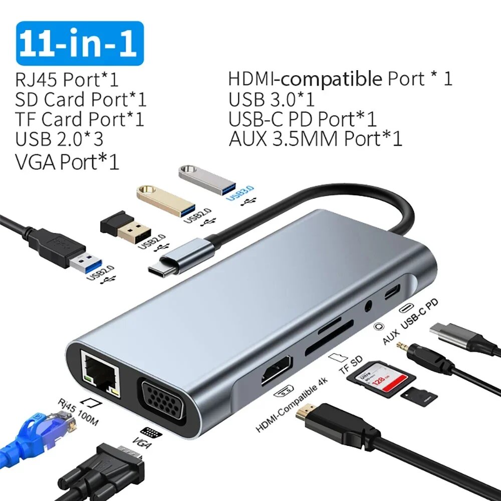 FEIWIMI Док-станция 4K 30Гц USB C 11 в 1 11-IN-1 HDMI