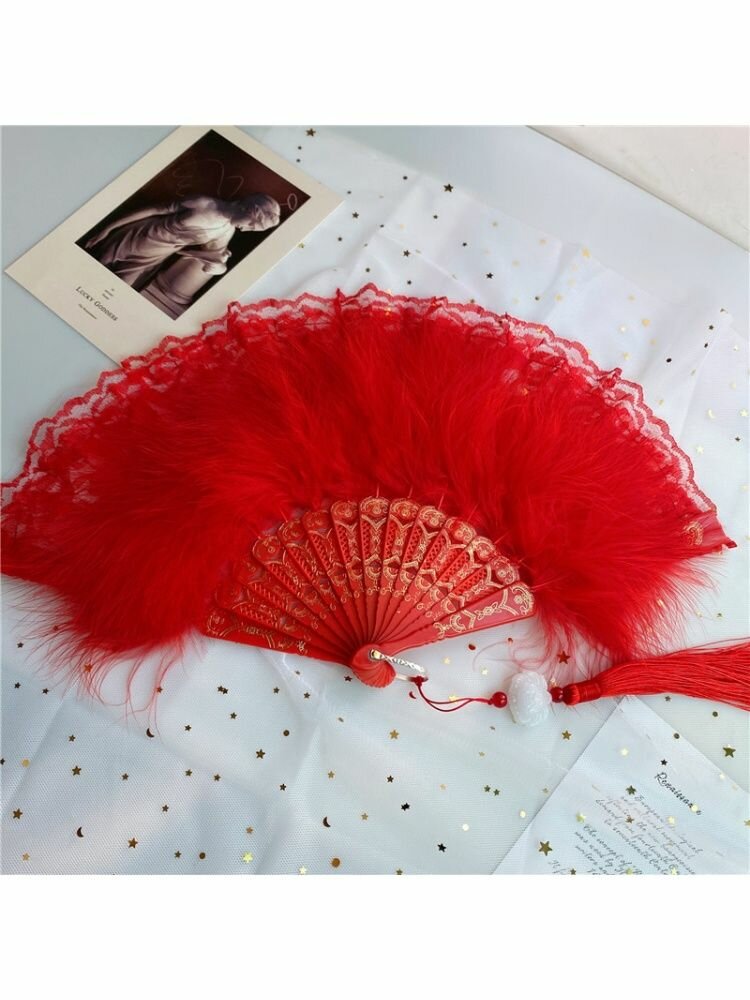 Веер "qwertyuiop", складной, красный, 2,0х42,0 см, из пера, кружевной