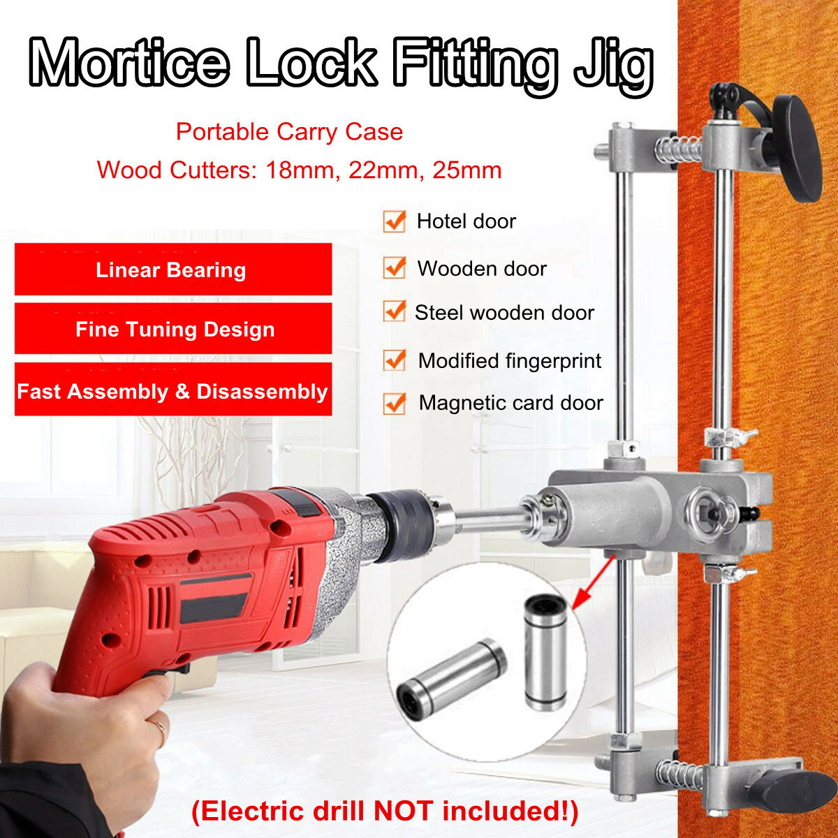 Кейс для установки врезного замка 18/22/25 мм, фрезы по дереву, долото, дверной долбёжный набор