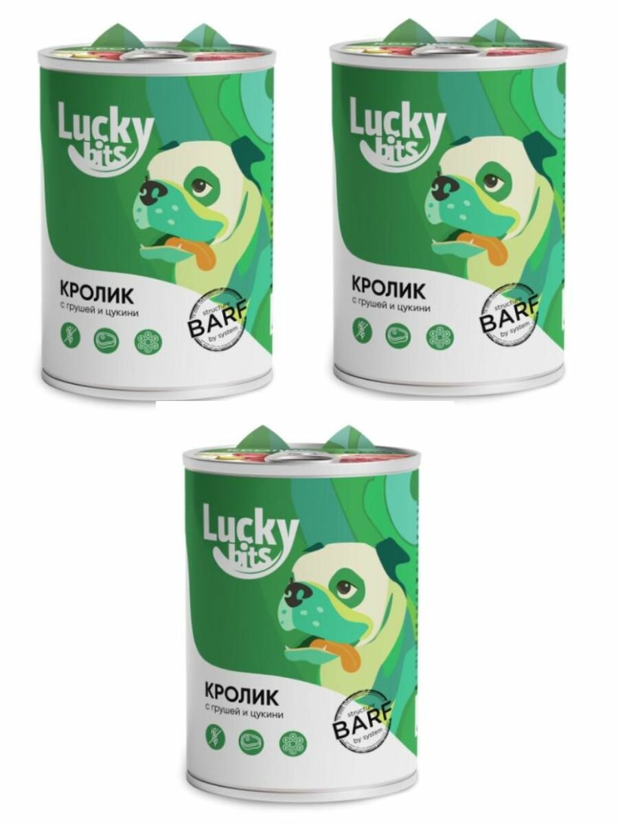 Lucky bits консервы для собак всех пород с 6 мес кролик с грушей и цукини 400г (3 штуки)