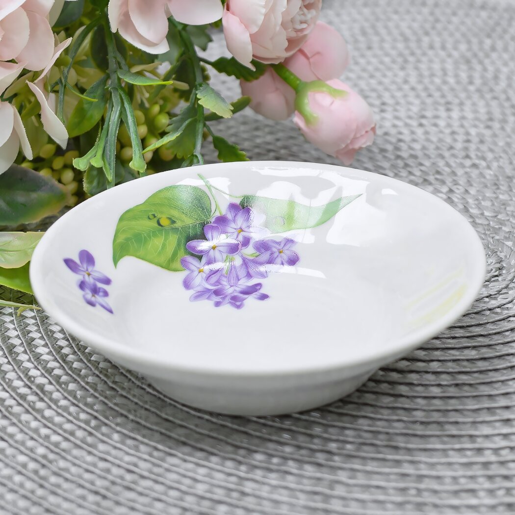 Блюдце для варенья «Сирень», фарфор, форма 89, белое с фиалками, 15 см