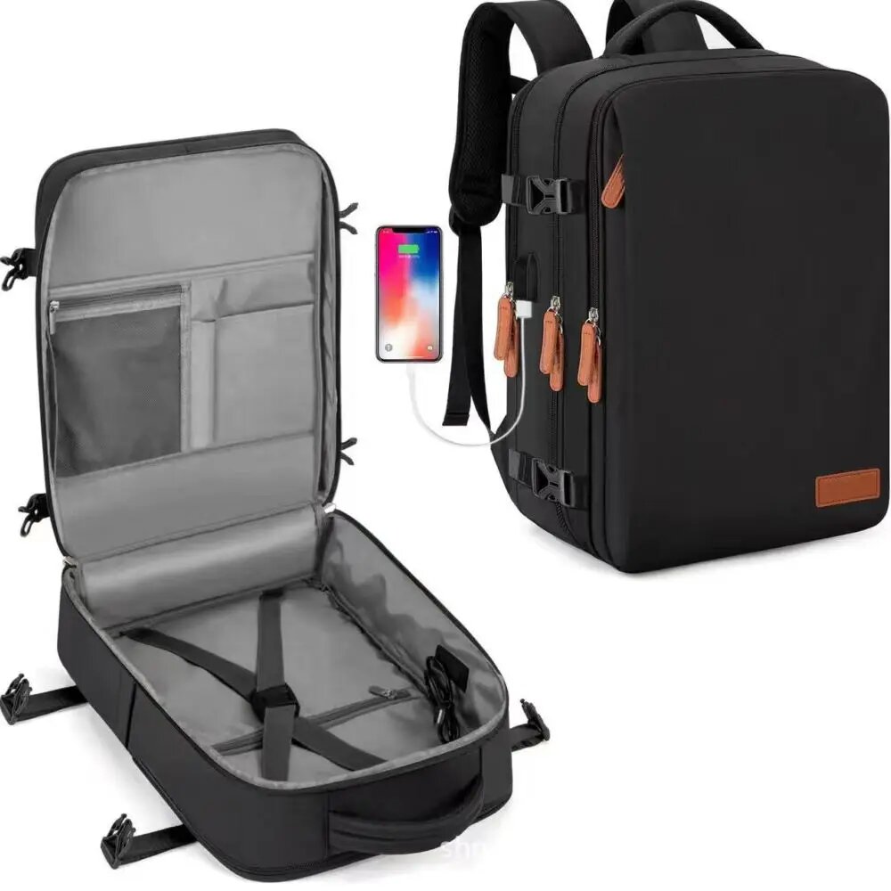 Дорожный рюкзак 40x20x30, водонепроницаемый расширяемый ноутбук Weekender с USB-портом, ручная кладь Ryanair, женский и мужской рюкзак, Черный, Унисекс