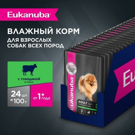 EUKANUBA ADULT ALL BREED BEEF 24 шт по 100 гр влажный корм для взрослых собак всех пород, говядина в соусе