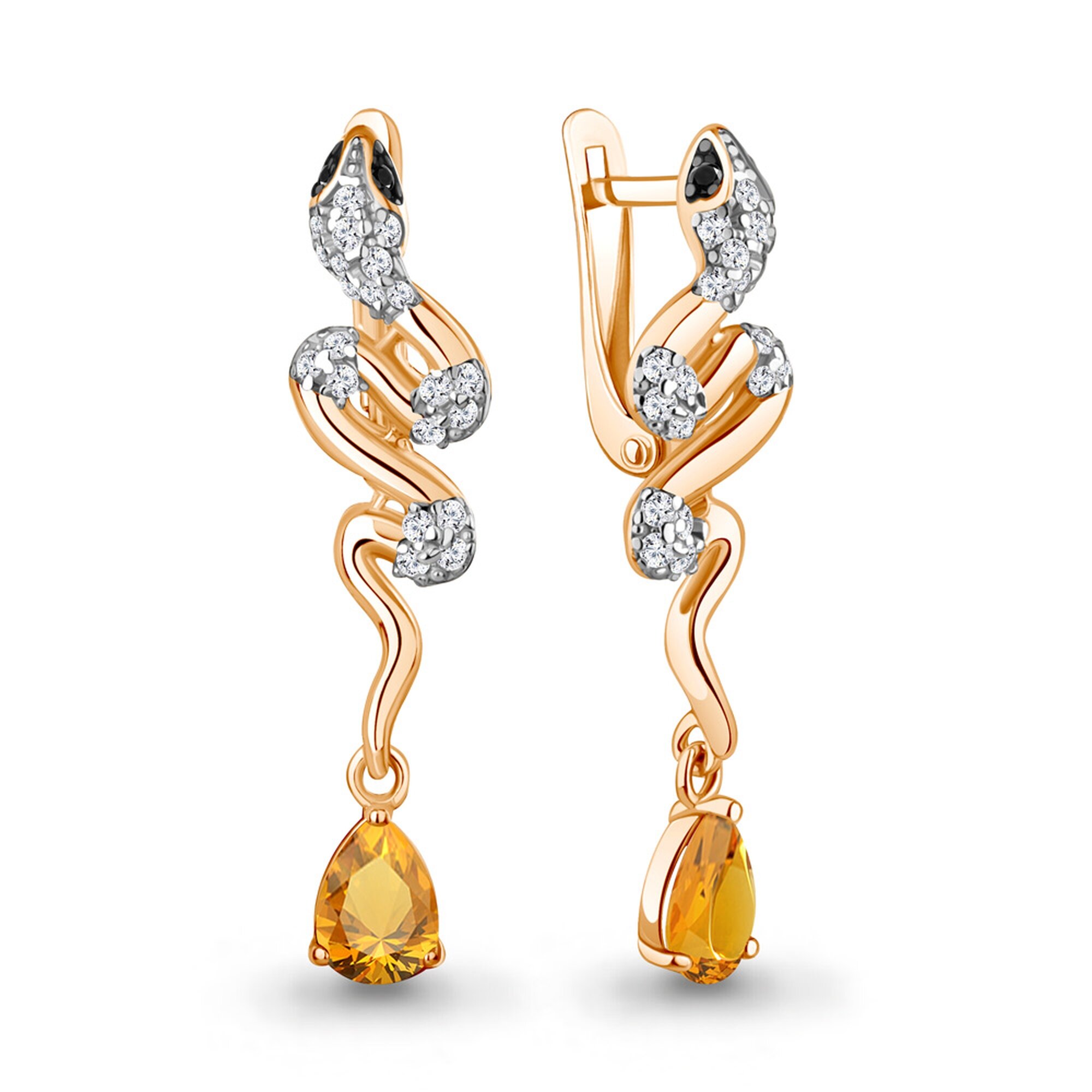 Серьги, серебро, 925 проба, золочение, фианит, цитрин, кристалл