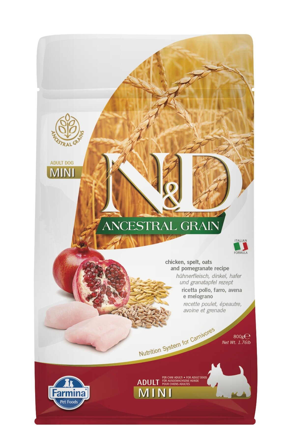 Корм сухой FARMINA ND ANCESTRAL GRAIN DOG Chicken Pomegrante Adult MINI для взрослых собак мелких пород с курицей и гранатом, 800г