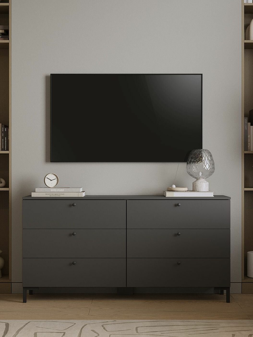 Комод столплит Тренд СБ-3442 с 6 выдвижными ящиками, ЛДСП, МДФ, Диамант серый, 156х39х80 см