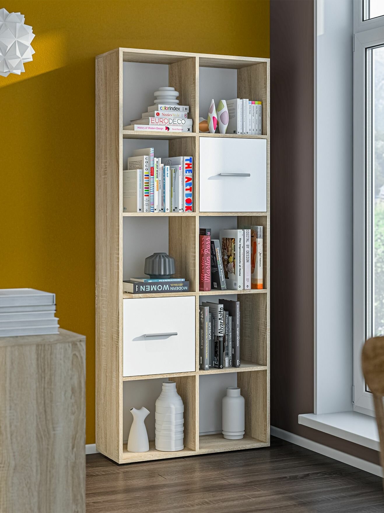 Стеллаж столплит Мамбо СБ-3215 с полками и двумя дверцами, кдсп, Дуб Сонома/Белый, 75*180*28 см