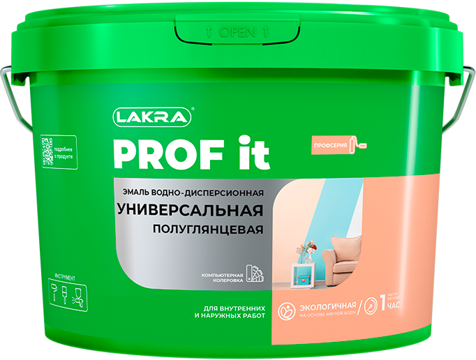 Эмаль Универсальная Lakra Prof It 0.9кг Белая, Полуглянцевая, Акриловая для Внутренних и Наружных Работ / Лакра Проф Ит.