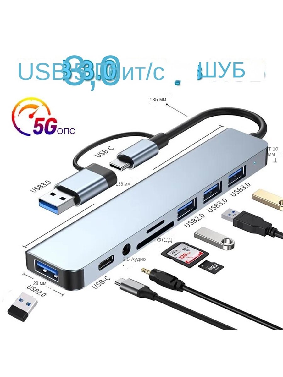 Док-станция 8 в 2 типа C, USB-разветвитель, адаптер USB C, высокоскоростная передача данных 5 Гбит/с, USB 3.0 2.0 3.5, аудиоразъем, устройство чтения карт SD/TF, адаптер OTG