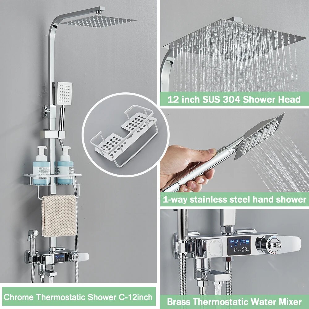 Rozin черный умный термостатический смеситель для душа, Chrome Thermo C12, экспресс