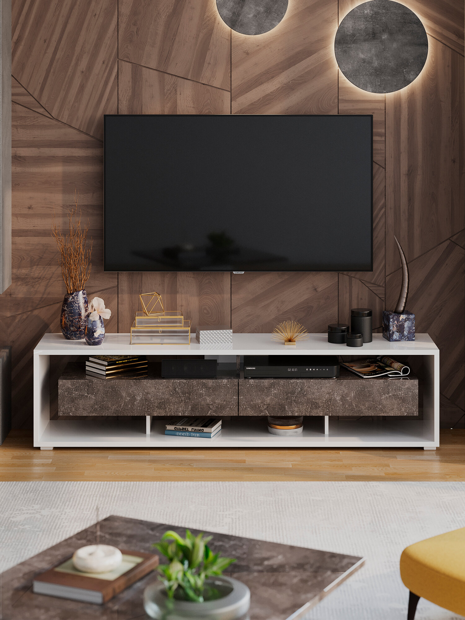 Тумба ТВ Мебель "Трия Монтана" тип 2, Белый/Ателье темный глянец