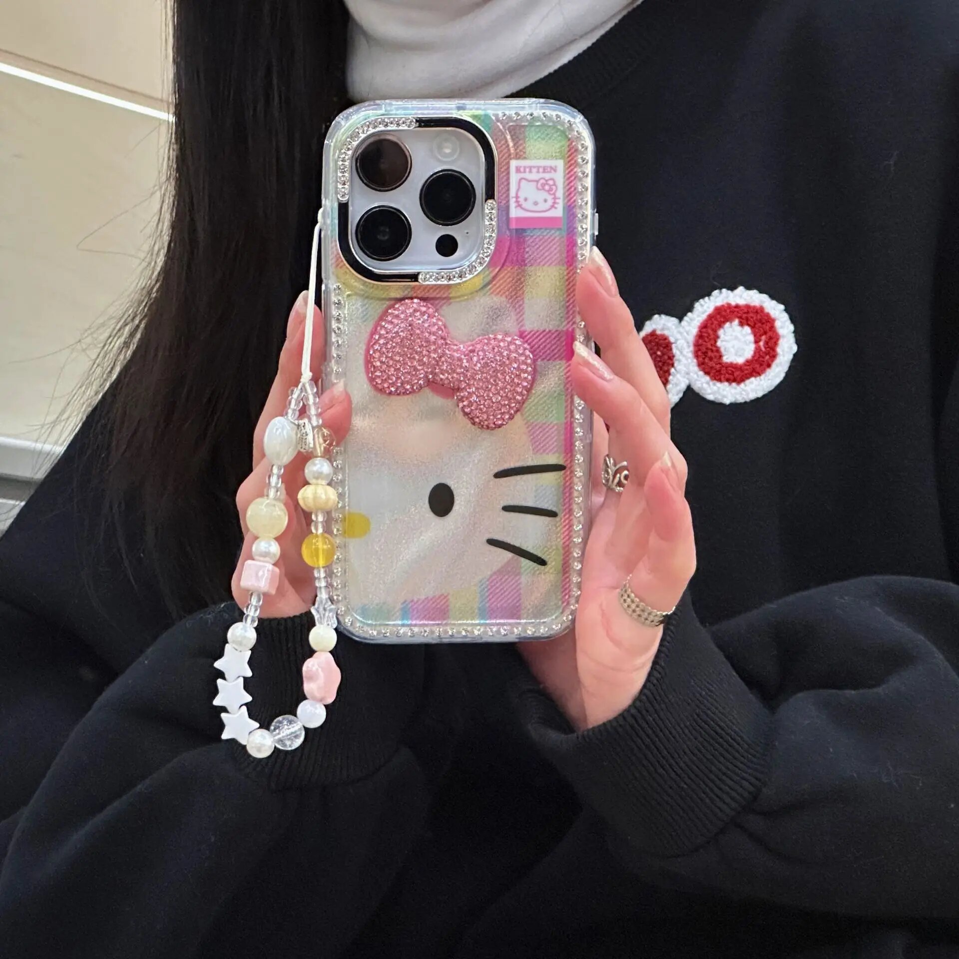 Чехол для телефона Sanrio Hello Kitty со стразами и блестящим бантом для iPhone 16, 15, 14, 13 Pro Max, милый чехол с мультяшным рисунком