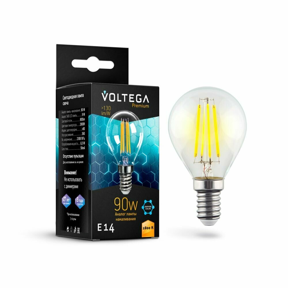 Лампа Филаментная Voltega Globe E14 9W 2800K Graphene 7136 Прозрачная, Стекло / Вольтега.