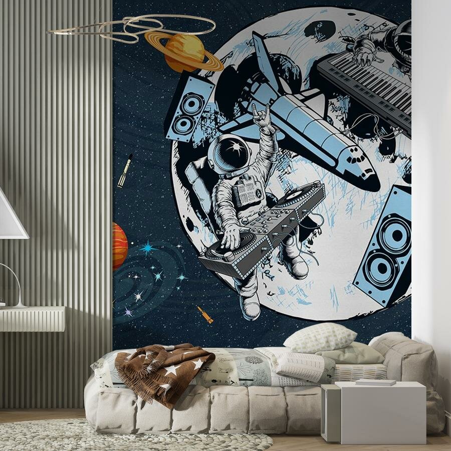 Фотообои В детскую подростка: Космонавты-диджеи 14-730-L-Холст 270 x 400 см (ВхШ) Бесшовные, флизелиновые, влагостойкие обои MasterFresok