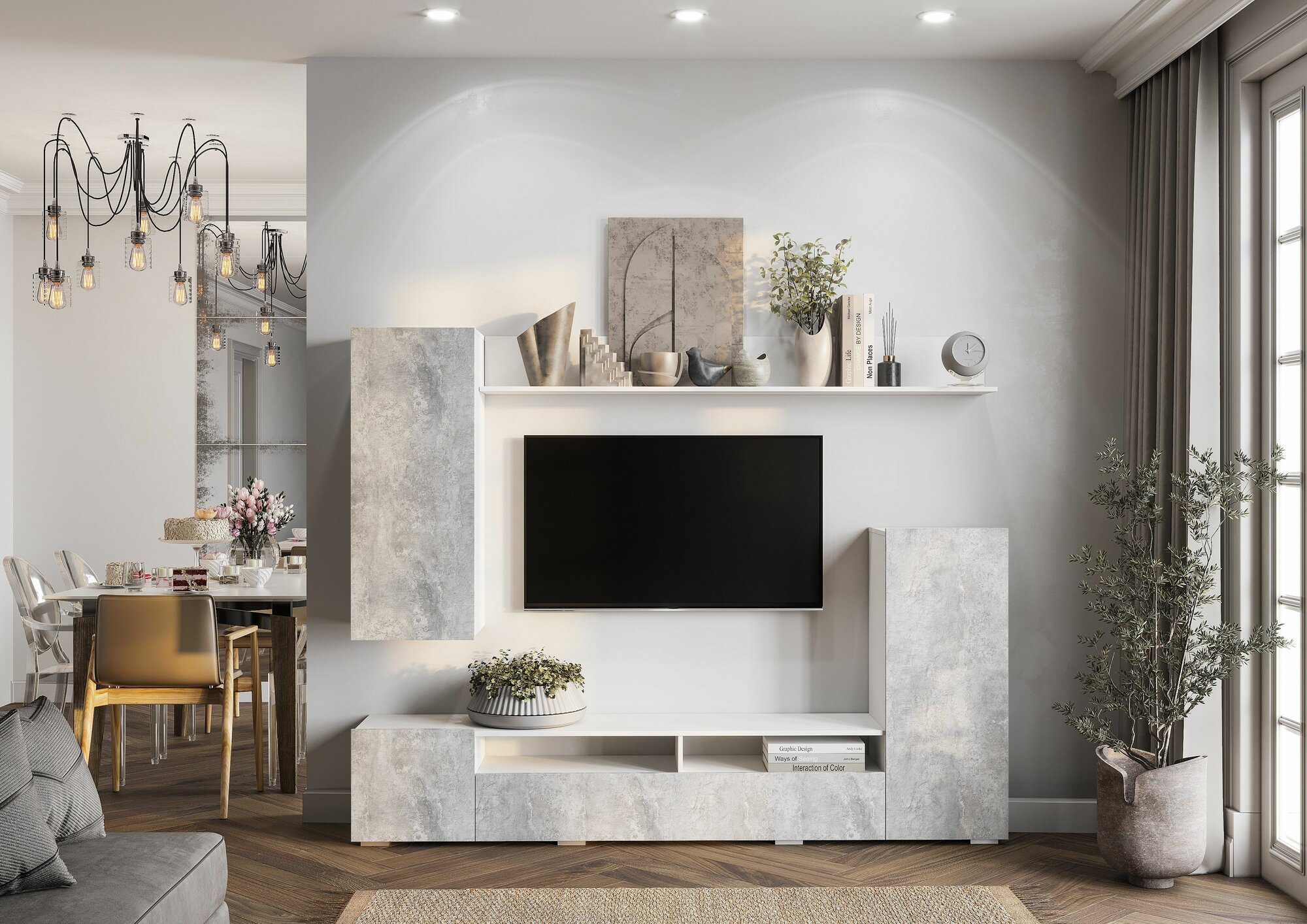 Гостиная "Диаманд" белый/цемент светлый (Мебелони)