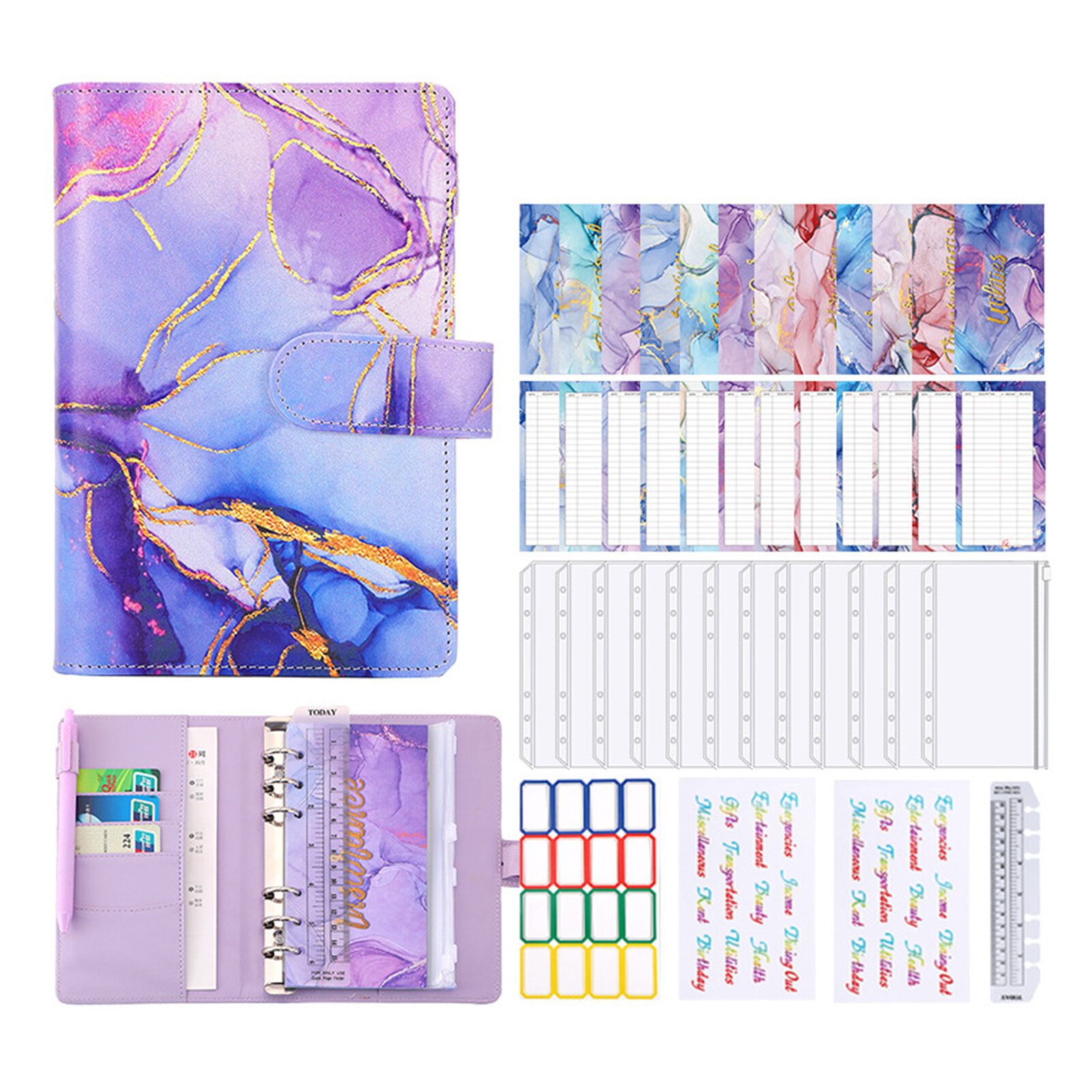 Бюджетная папка формата А6 с мраморным узором. Обложка для ноутбука из искусственной кожи. Конверты на молнии. Этикетка. Наклейки. Линейка. Используется в качестве органайзера для денег.