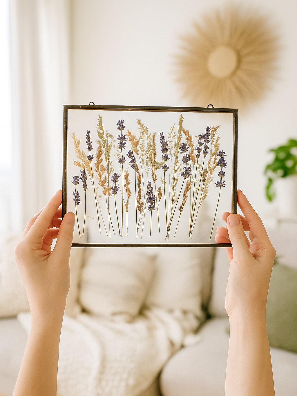 Панно на стену Гербарий в стекле Лаванда и полевые травы "Forget-me-not" / 15*20 см / черная рама