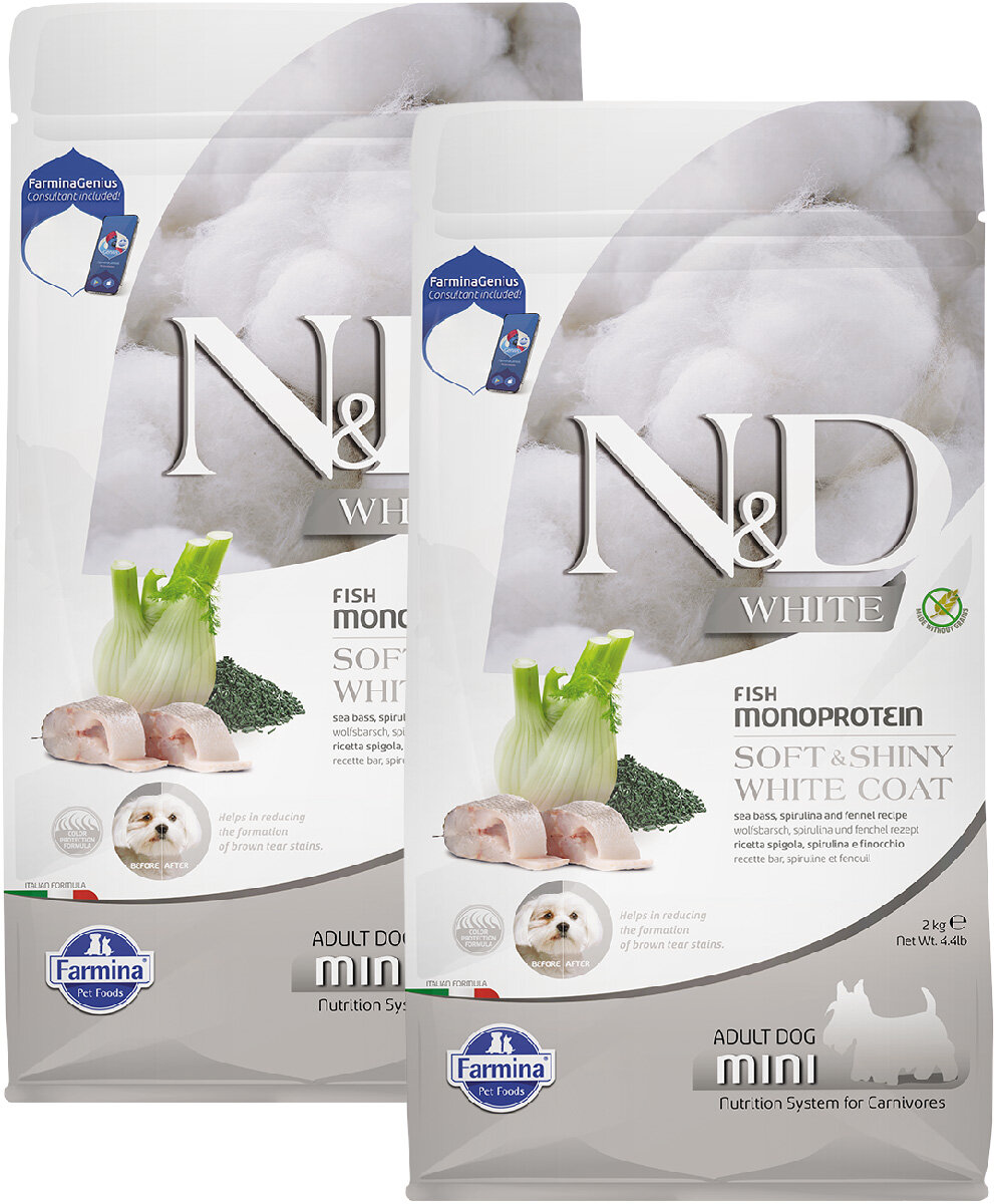 Корм сухой Farmina Dog N&D Grain Free White Adult Mini Sea Bass Spirulina & Fennel беззерновой для взрослых собак маленьких пород с белой шерстью, сибас, спирулина и фенхель, 2 + 2 кг