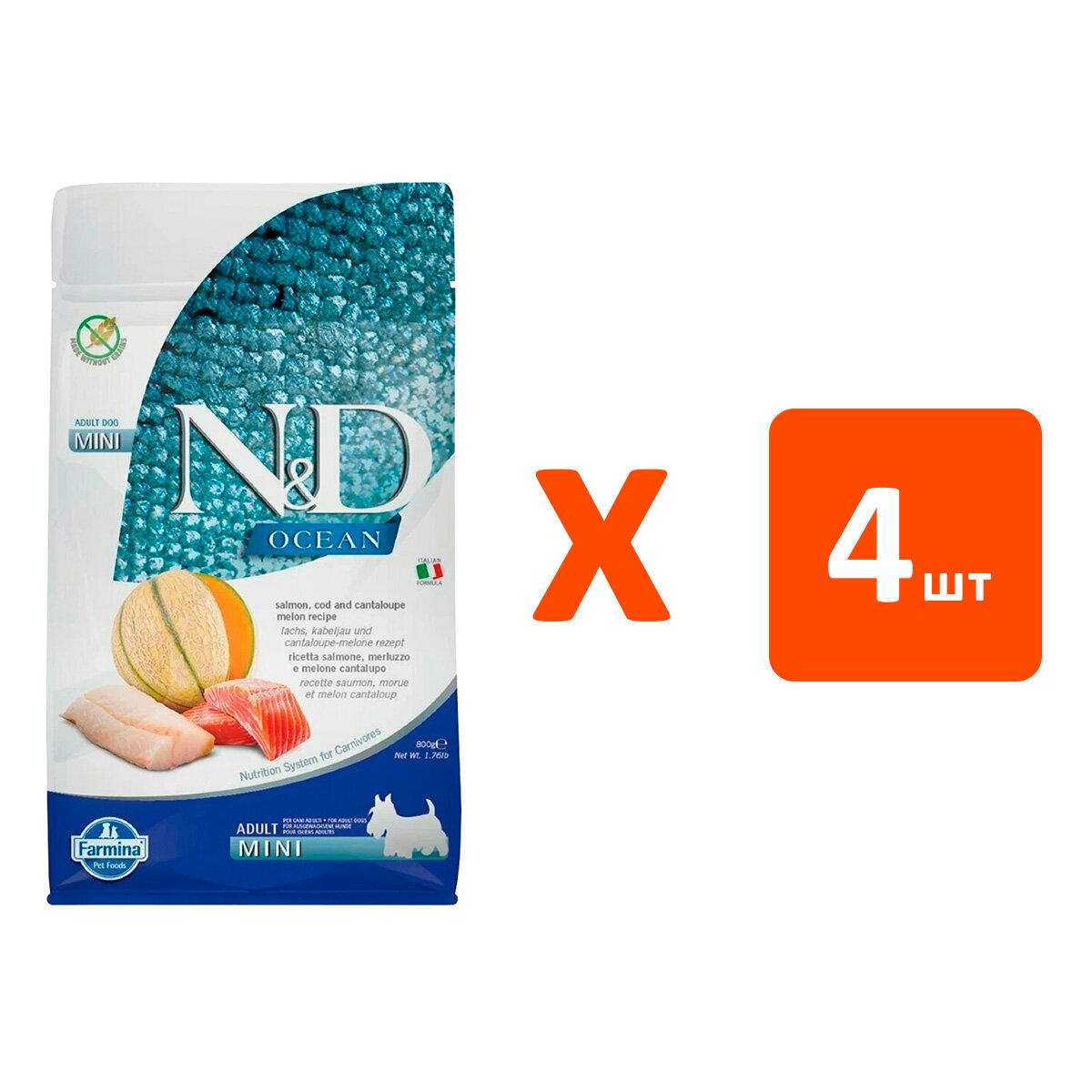 Корм сухой Farmina Dog N&D Ocean Adult Mini Salmon, Cod & Cantaloupe Melon беззерновой для взрослых собак маленьких пород, лосось, треска и дыня, 0,8 кг х 4 шт