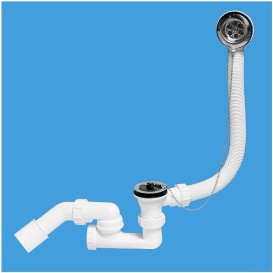 Слив-перелив Mcalpine MRB1-NS, L=368 х 34 мм, выход 40/50 мм, с ревизией, пробка, цепочка