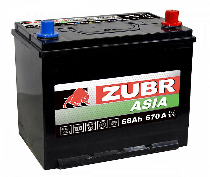 Аккумулятор автомобильный ZUBR Premium Asia ZU680JP 68Ah R+ 670A ОП (232x173x225) D23L 232x173x225