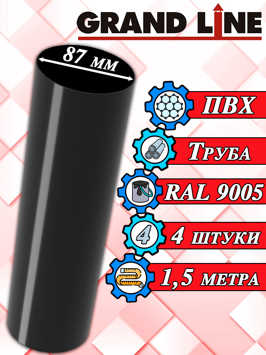Труба 1,5 м Grand Line 4 штуки ПВХ черный RAL 9005 (d 87 мм) соединительная для водосточной системы Гранд Лайн (120/90 ) комплект элементов водостока для крыши