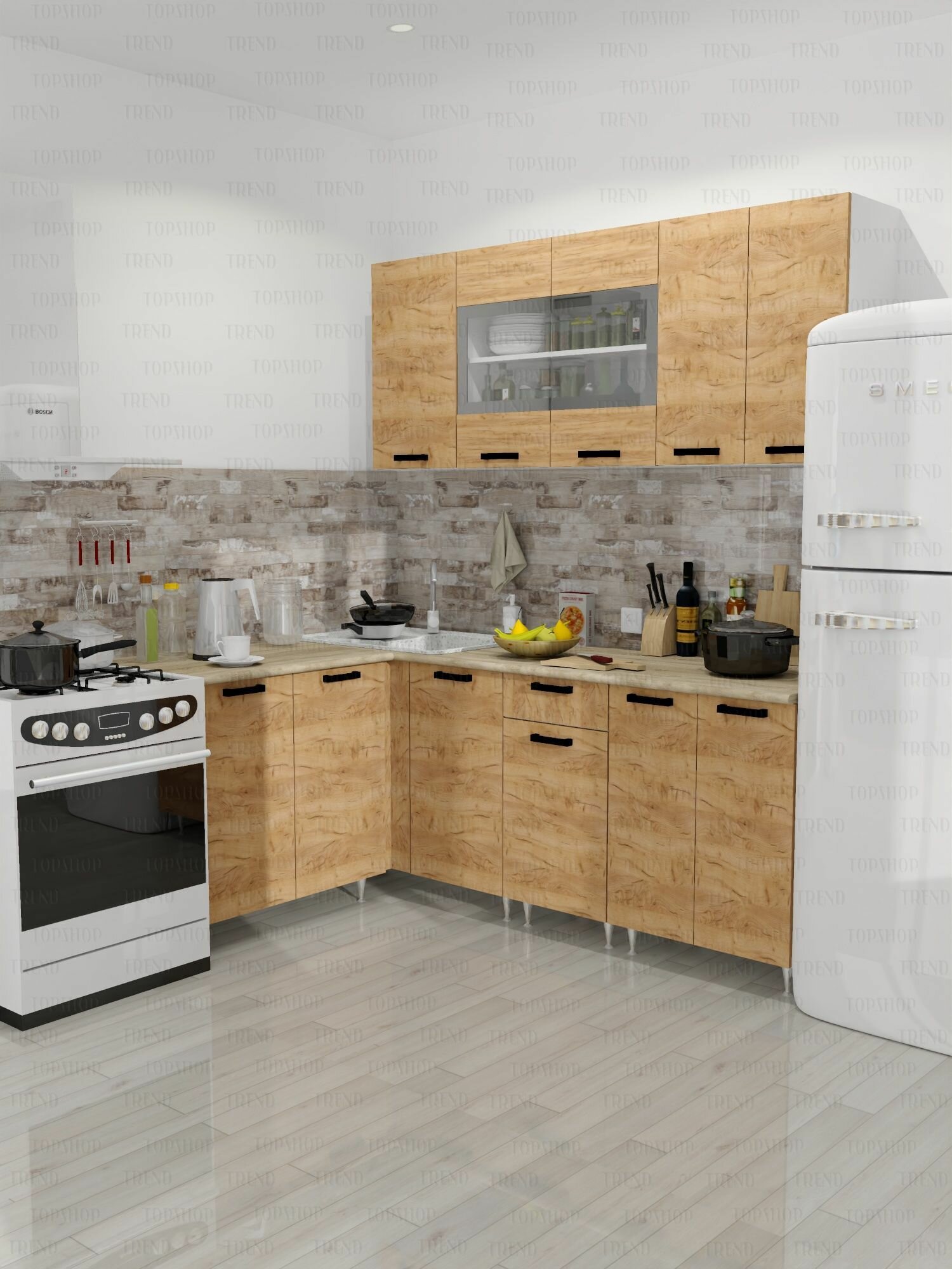 Угловой кухонный гарнитур 1.4х2.0 м, Крафт /Сонома