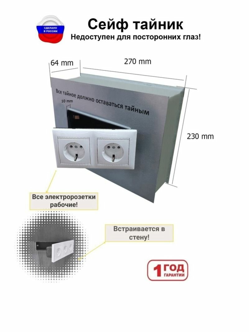 Скрытый сейф-тайник для денег и документов с блоком рабочих розеток Legrand. Встраиваемый в стену на глубину 7,4 см.
