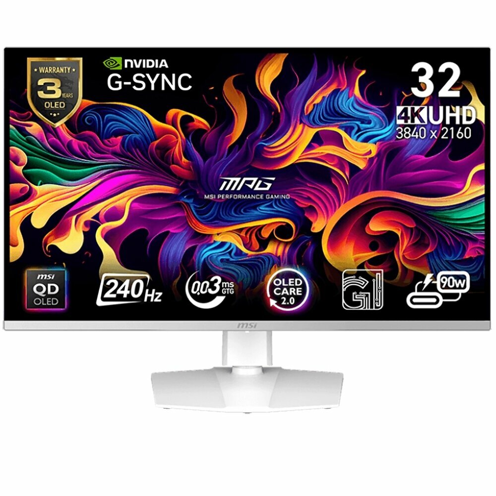 Монитор 31.5\ MSI MPG 321URXW QD-OLED 3840x2160, 240 Гц, 0.03 мс, 16:9, 250 кд/м², 2xHDMI 2.1, DP 1.4, USB-C (90 Вт), 3.5 Jack, USB Hub (2x USB 2.0), HDR10, черный