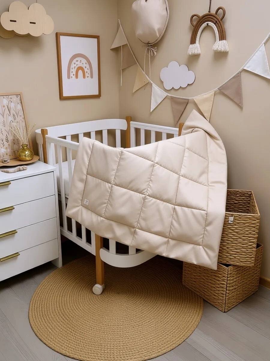 Одеяло стеганое в кроватку для новорожденного MamiBro, размер 90х110 см, 100% хлопок, пыльный бежевый