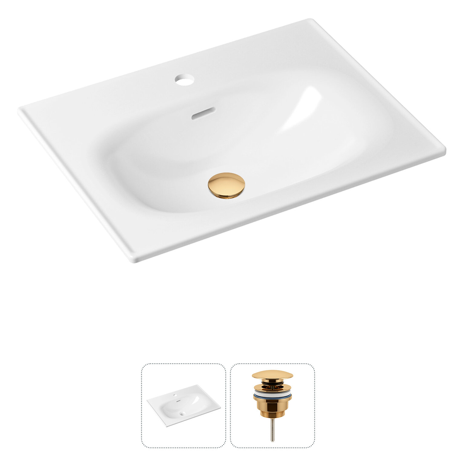 Врезная раковина в ванную Lavinia Boho Bathroom Sink 21520873 в комплекте 2 в 1: умывальник белый, донный клапан в цвете золото